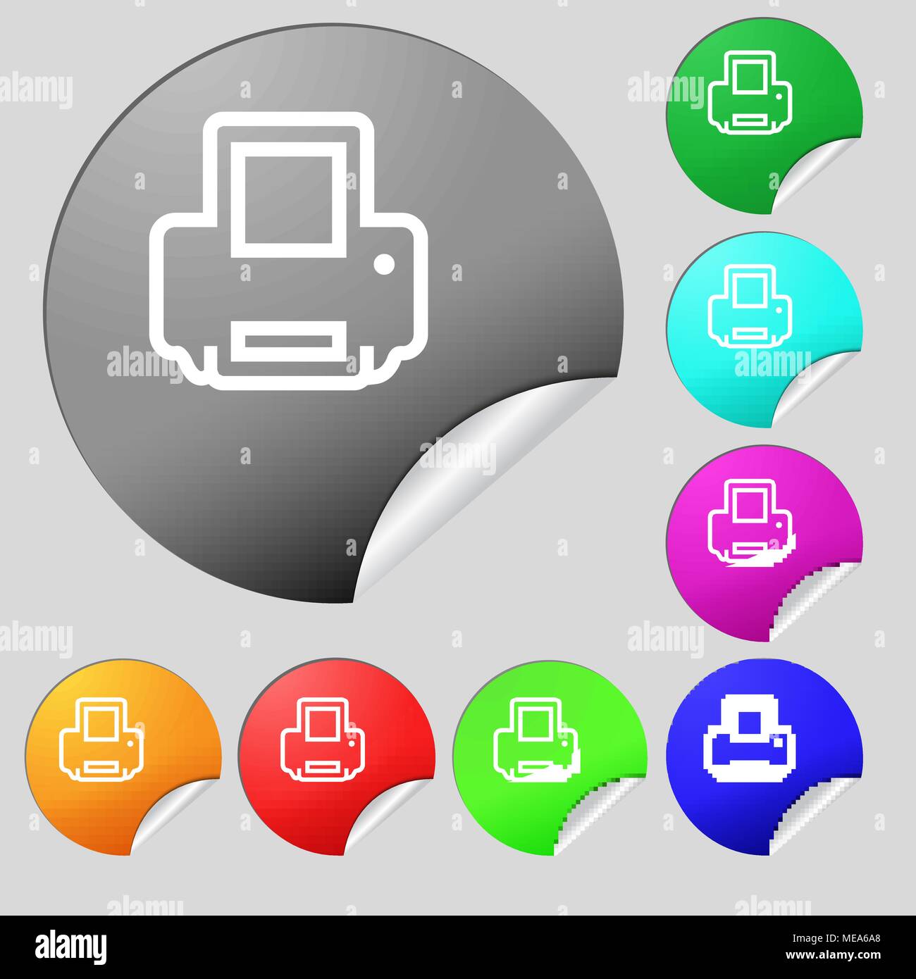 Printing icon sign. Set of eight multi colored round buttons, stickers ...