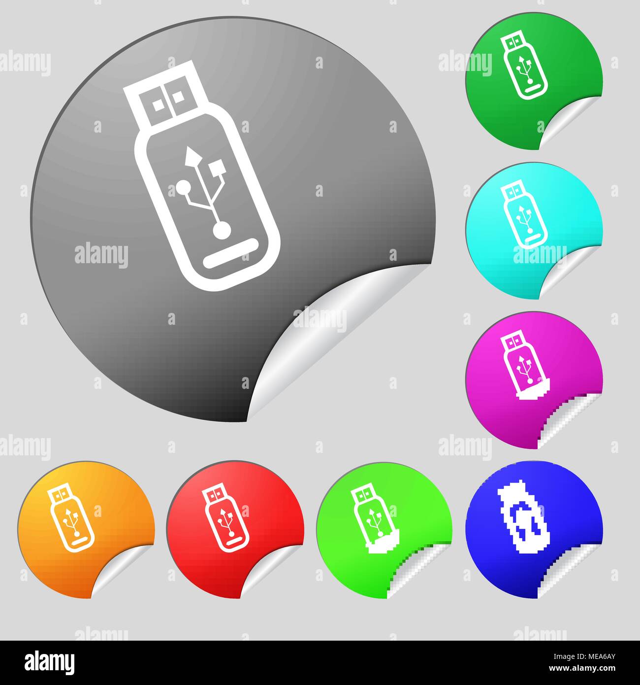 Usb flash drive icon sign. Set of eight multi colored round buttons ...