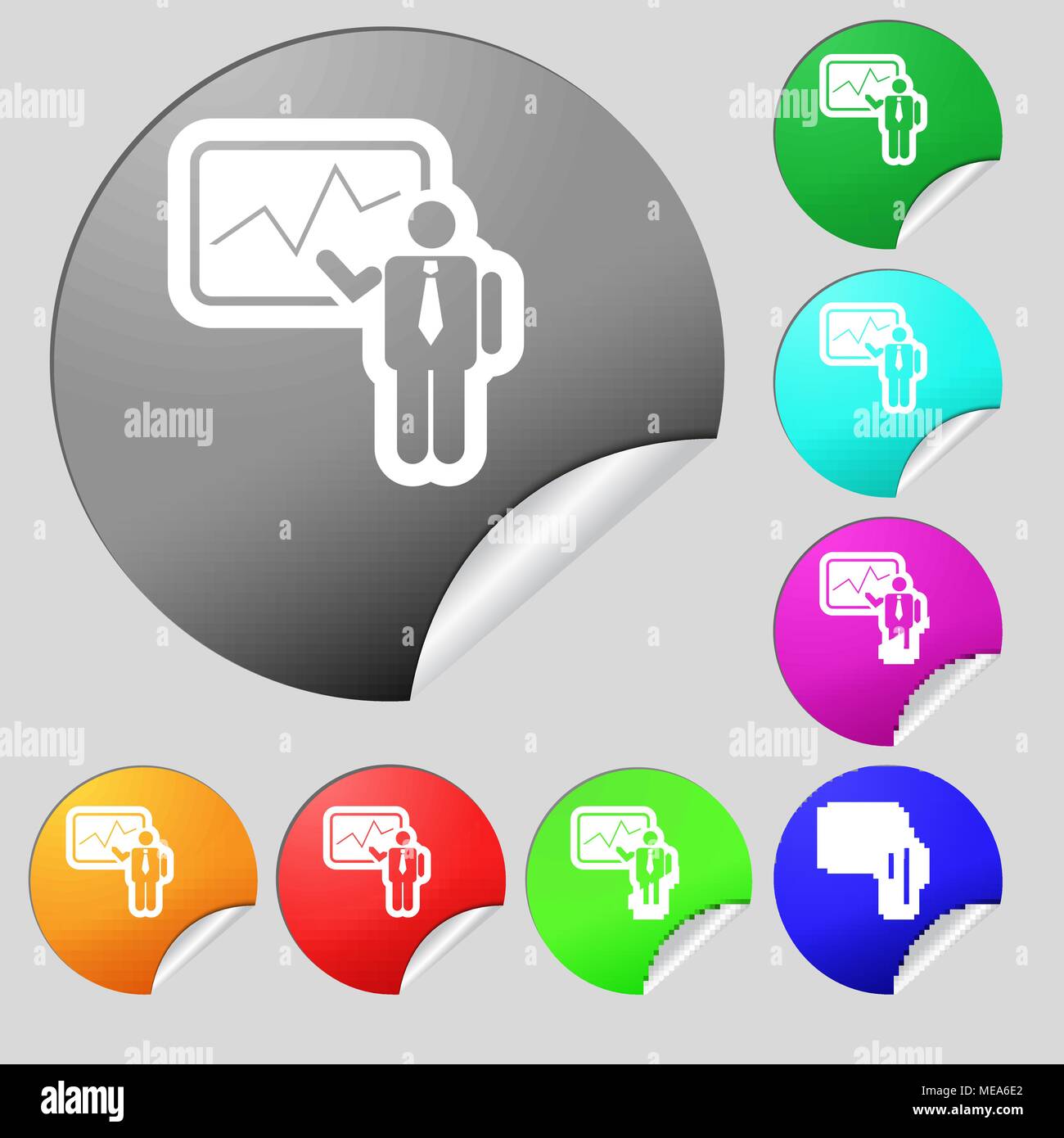 businessman making report icon sign. Set of eight multi colored round ...