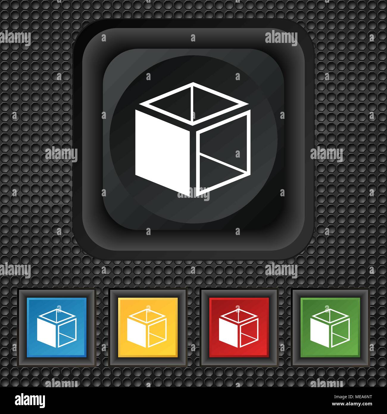 3d cube icon sign. symbol Squared colourful buttons on black texture ...
