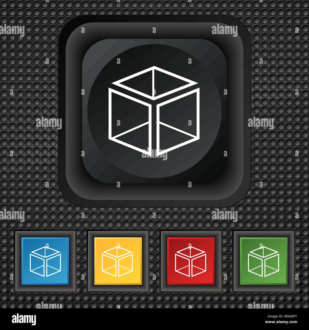 3d cube icon sign. symbol Squared colourful buttons on black texture ...