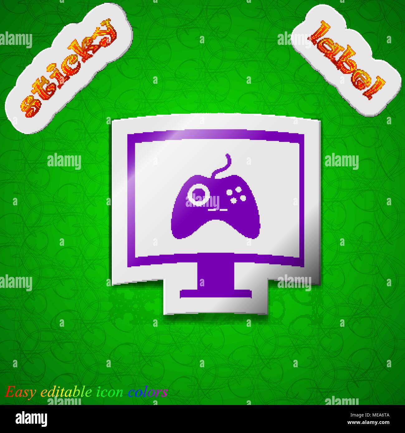 Joystick and monitor icon sign. Symbol chic colored sticky label on ...