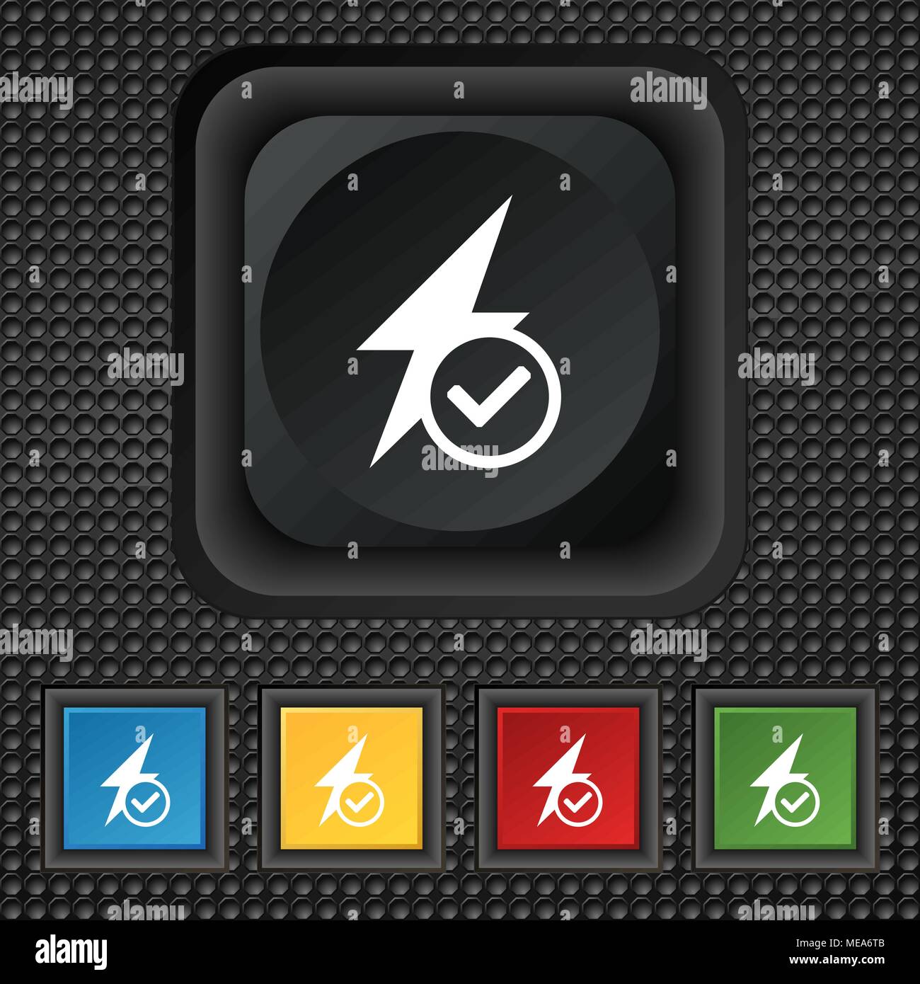Photo flash icon sign. symbol Squared colourful buttons on black ...