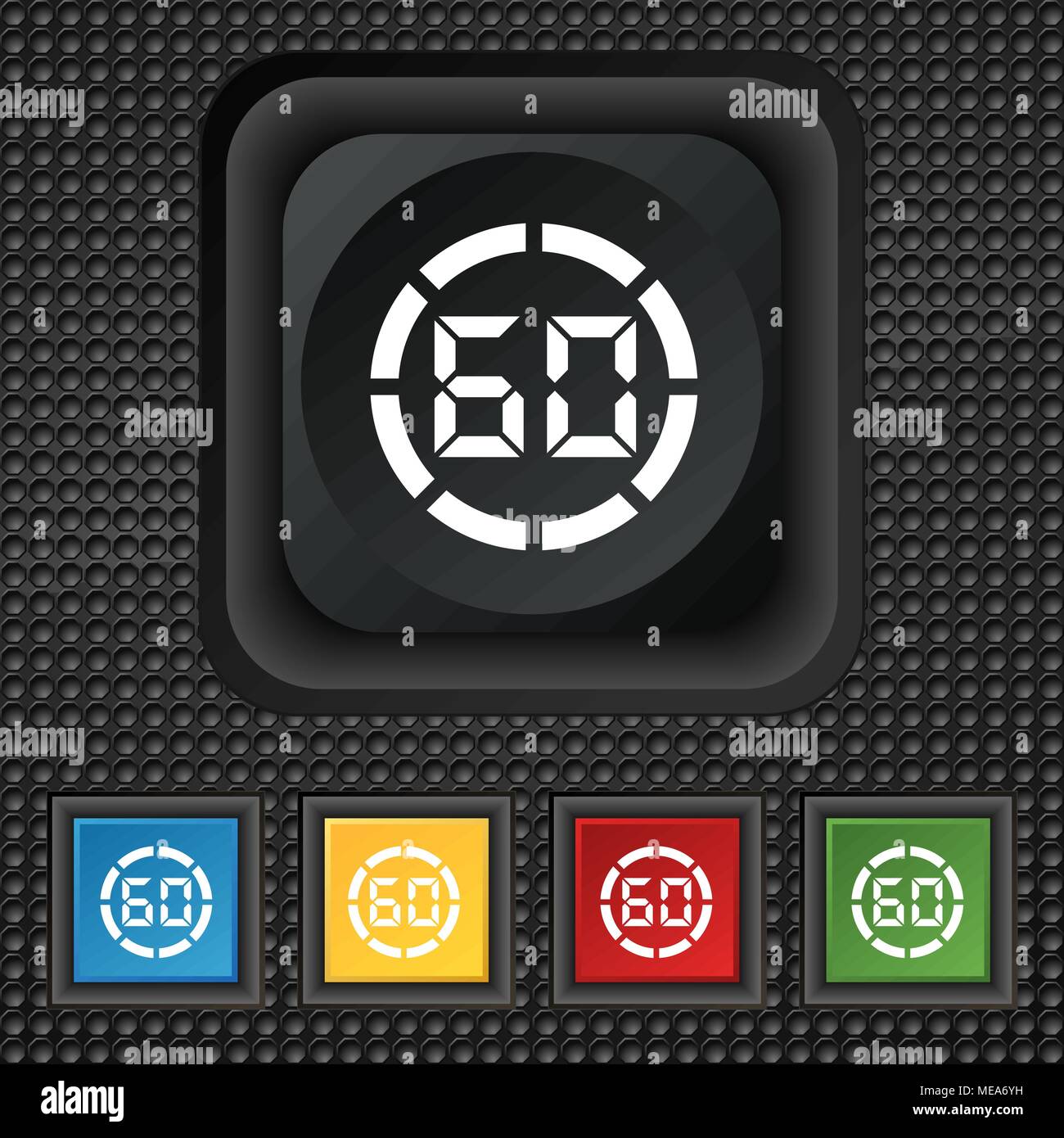 60 second stopwatch icon sign. symbol Squared colourful buttons on ...