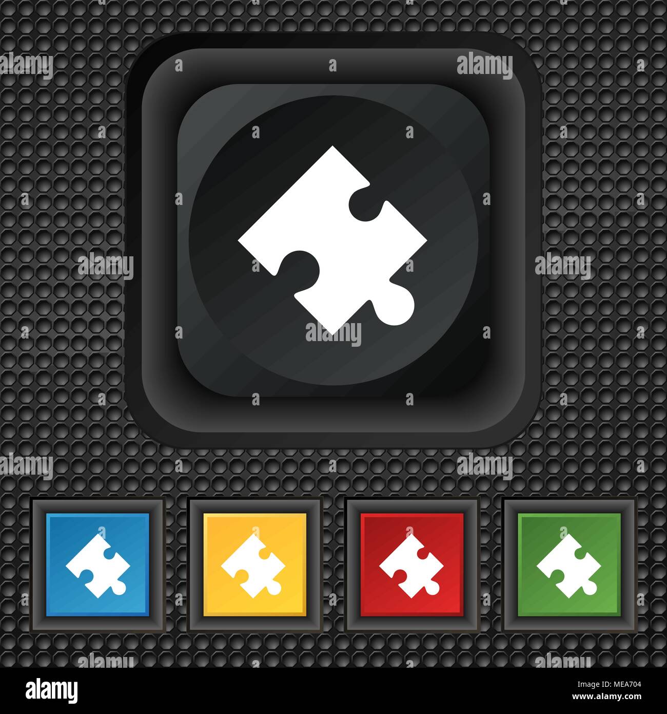 Puzzle piece icon sign. symbol Squared colourful buttons on black ...
