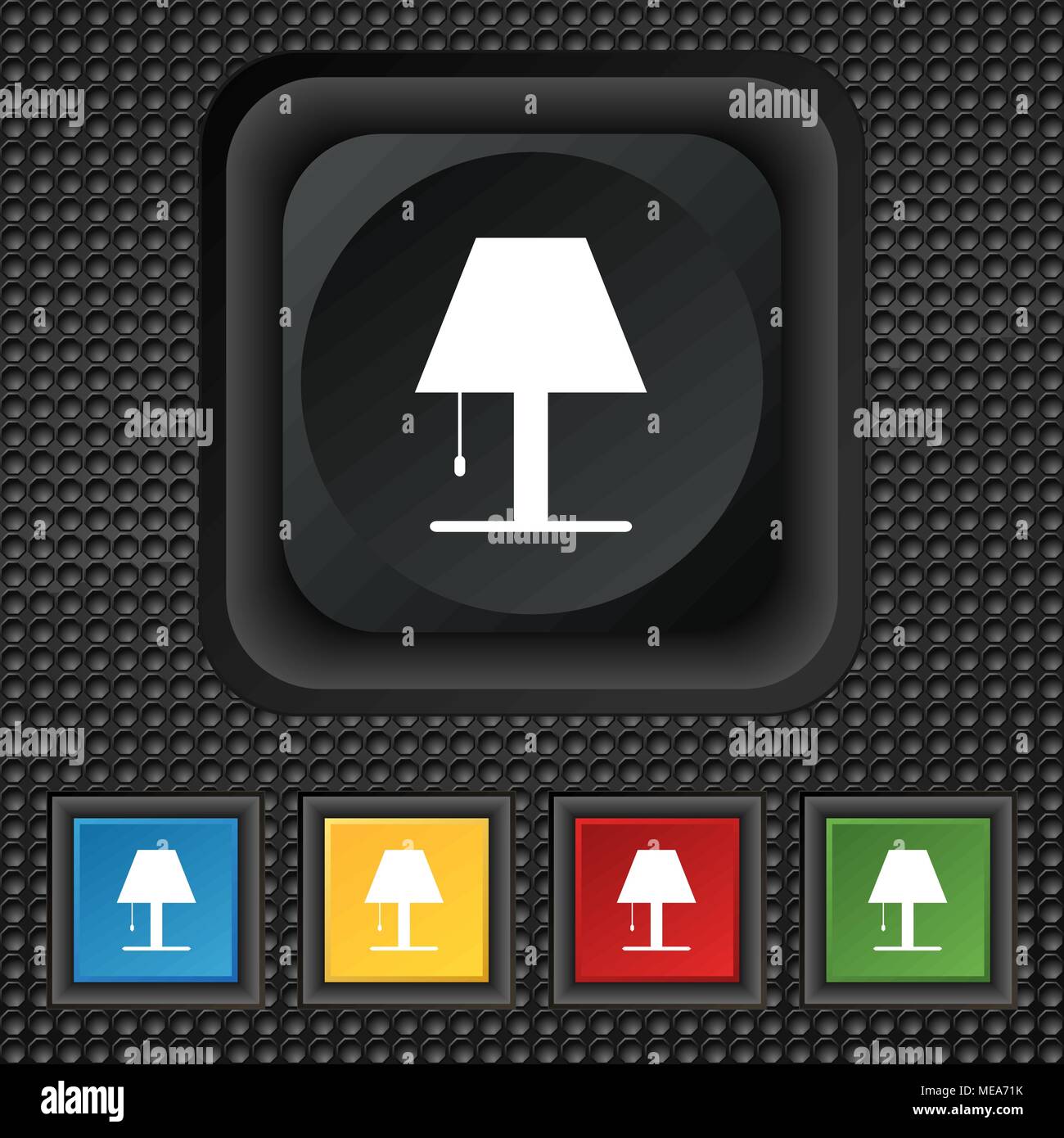 Lamp icon sign. symbol Squared colourful buttons on black texture ...