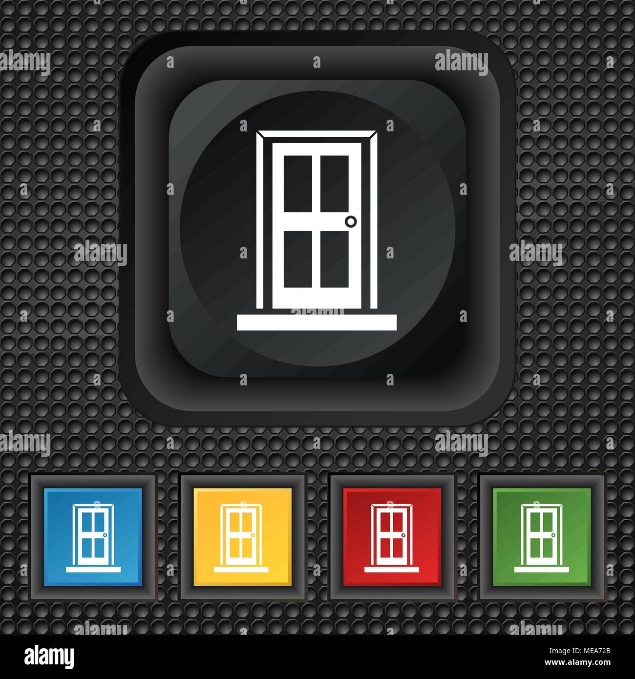 Door icon sign. symbol Squared colourful buttons on black texture ...