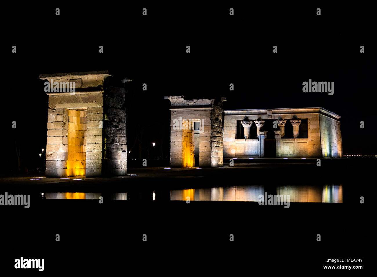 Ancient Egyptian temple Temple Debod view at night Madrid Stock Photo ...