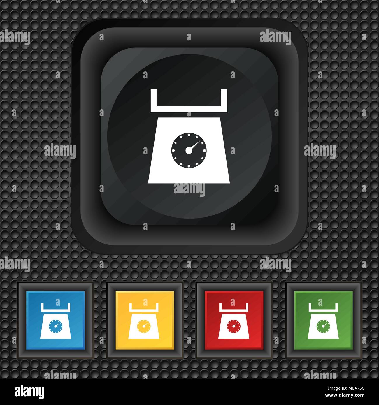 kitchen scales icon sign. symbol Squared colourful buttons on black ...