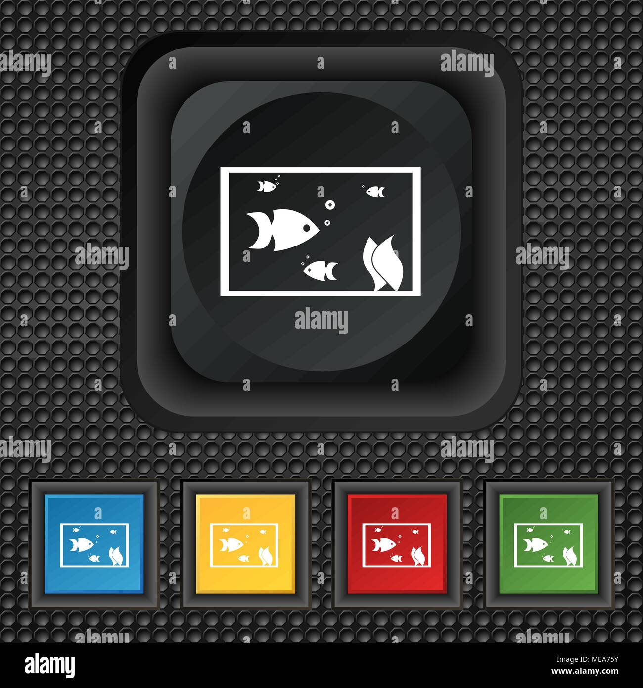 Aquarium, Fish in water icon sign. symbol Squared colourful buttons on ...