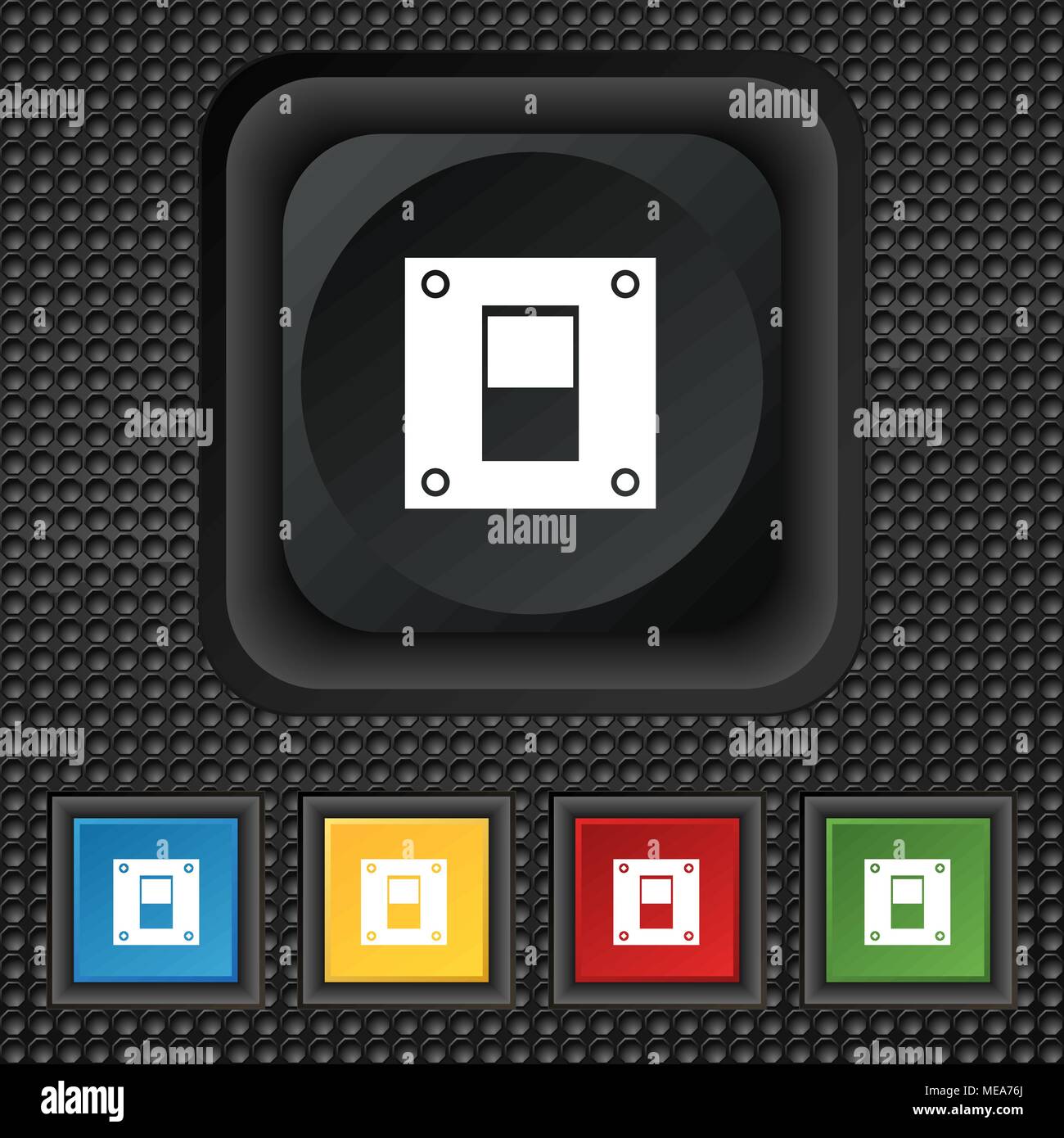 Power switch icon sign. symbol Squared colourful buttons on black ...