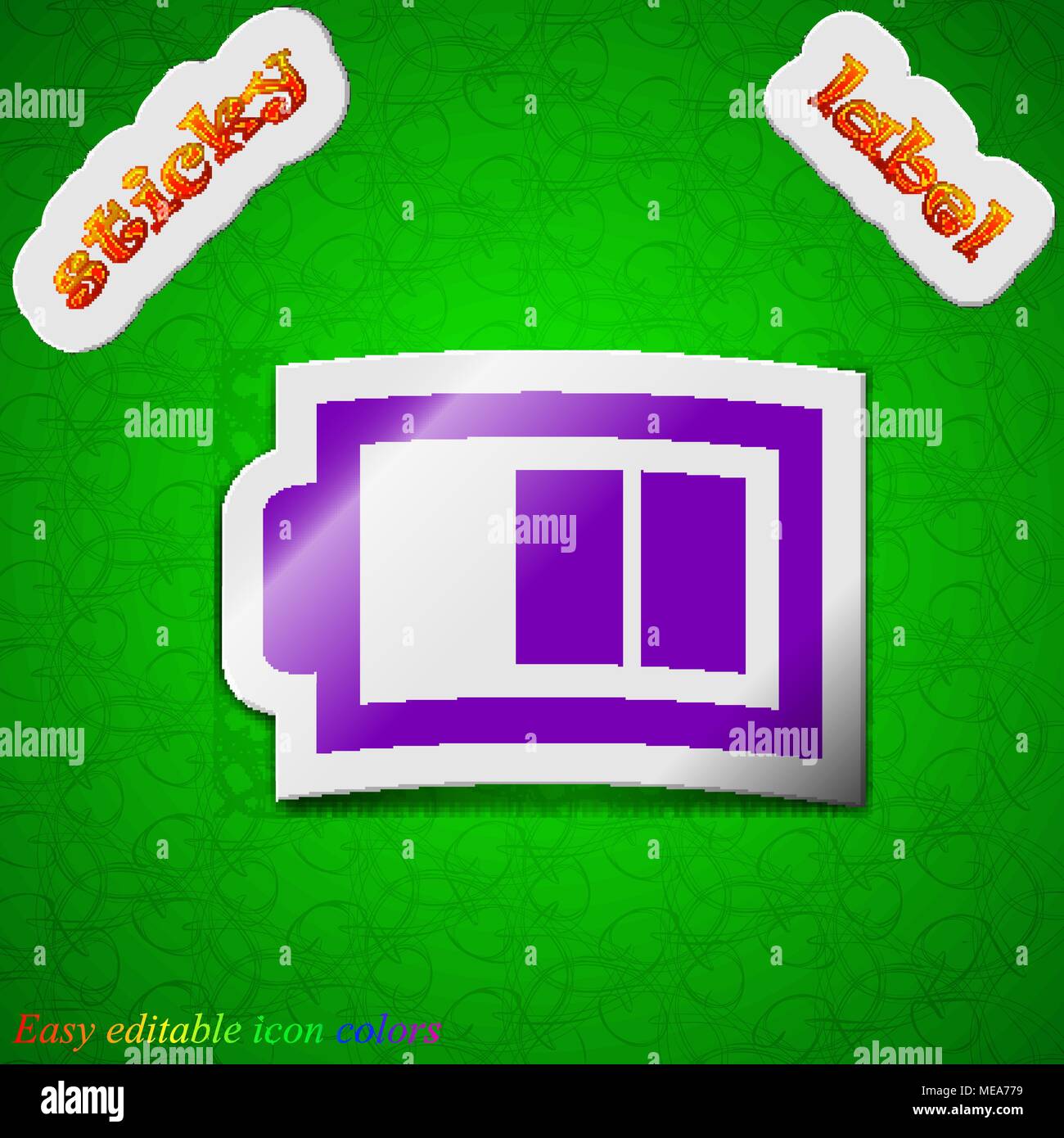 Battery half level icon sign. Symbol chic colored sticky label on green ...