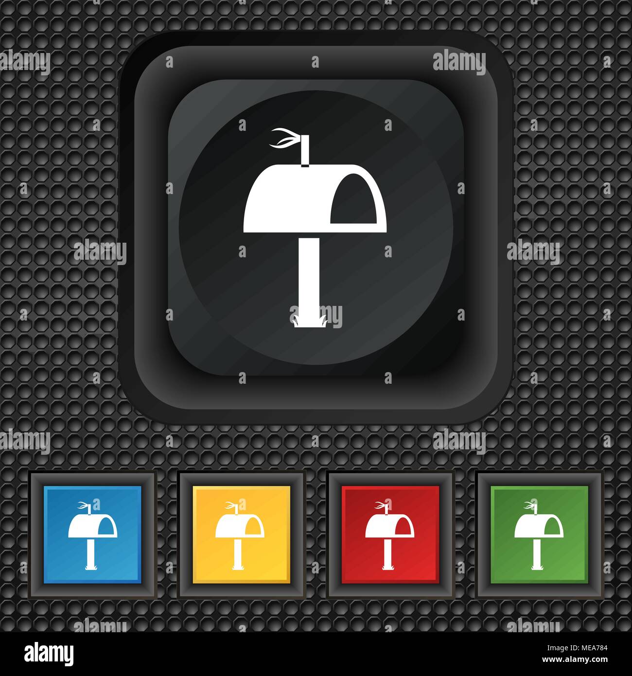 Mailbox icon sign. symbol Squared colourful buttons on black texture ...