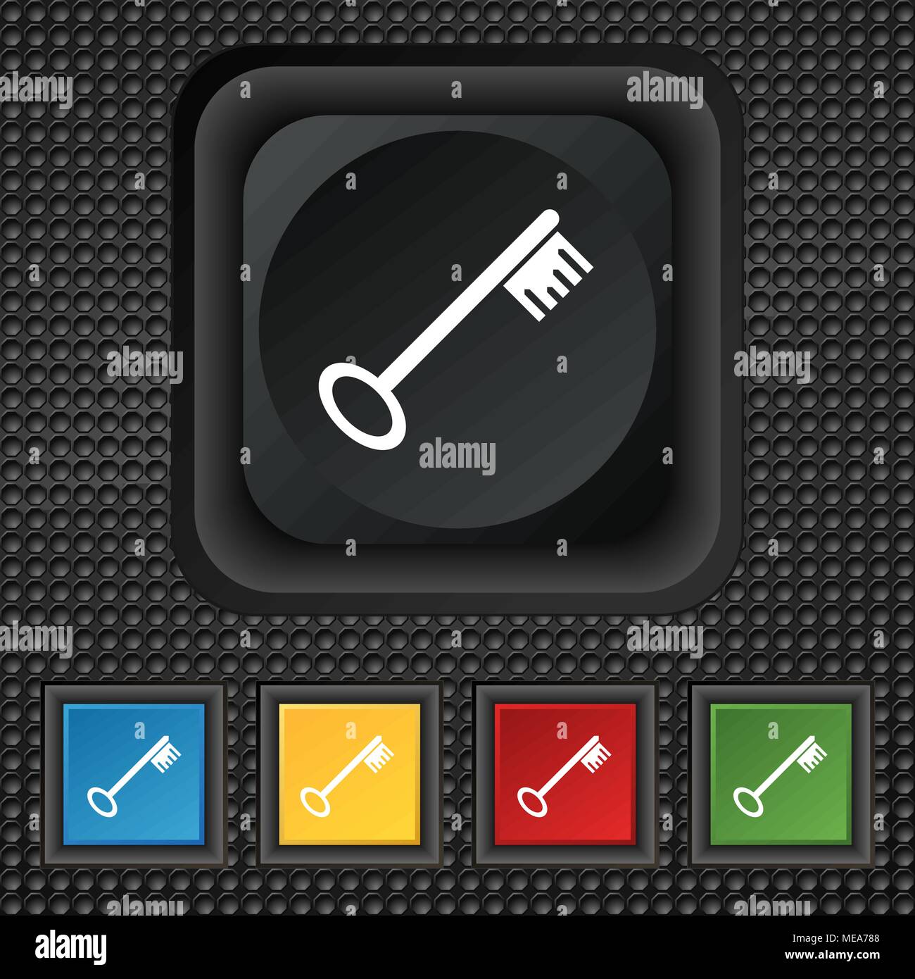 Key icon sign. symbol Squared colourful buttons on black texture ...