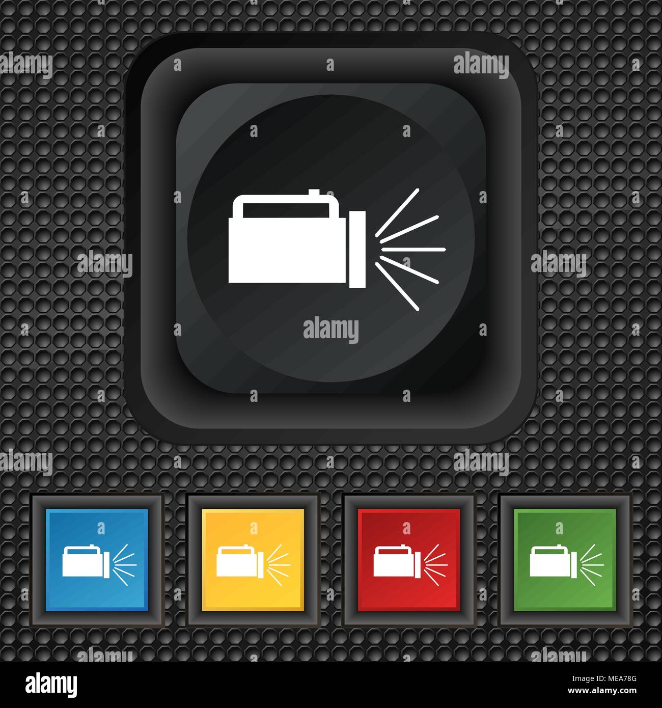 flashlight icon sign. symbol Squared colourful buttons on black texture ...