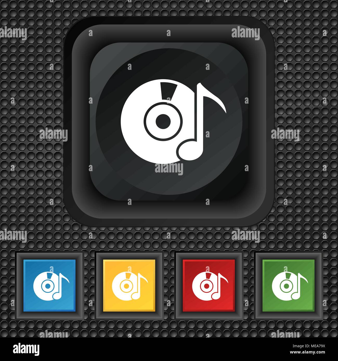 CD or DVD icon sign. symbol Squared colourful buttons on black texture ...
