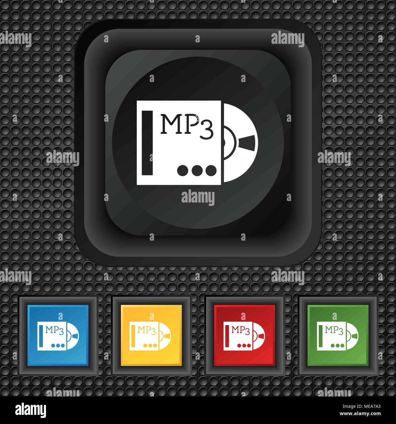 mp3 player icon sign. symbol Squared colourful buttons on black texture ...