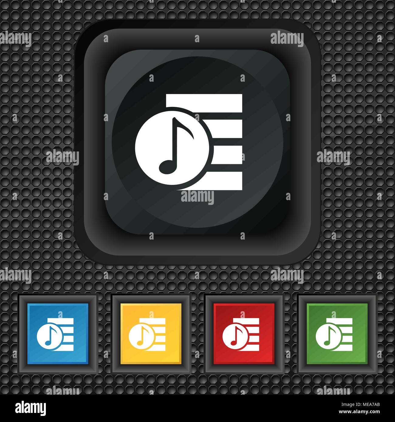 Audio, MP3 file icon sign. symbol Squared colourful buttons on black ...