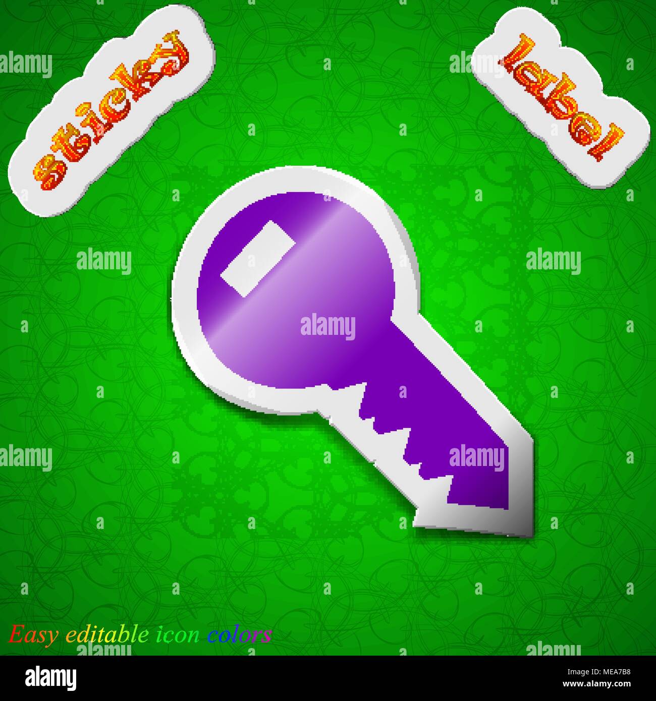 Key icon sign. Symbol chic colored sticky label on green background ...