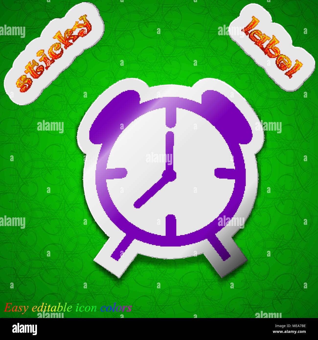 Alarm clock icon sign. Symbol chic colored sticky label on green ...
