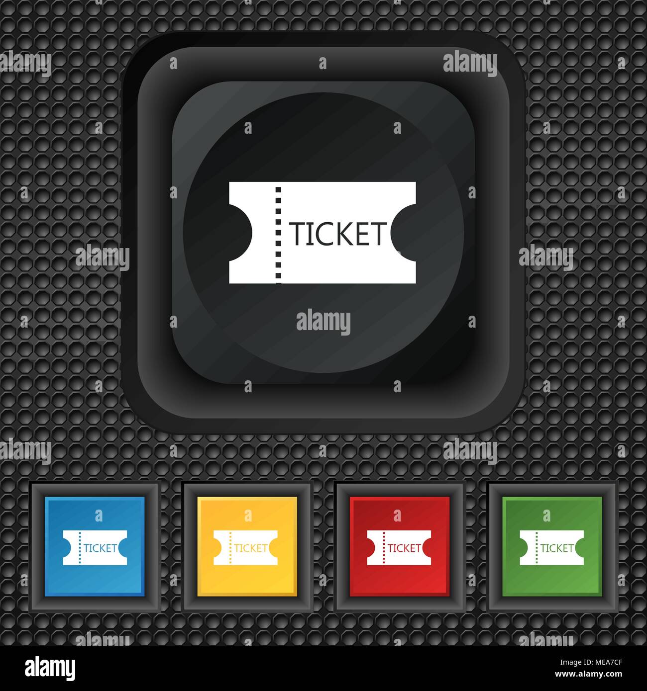 ticket icon sign. symbol Squared colourful buttons on black texture ...