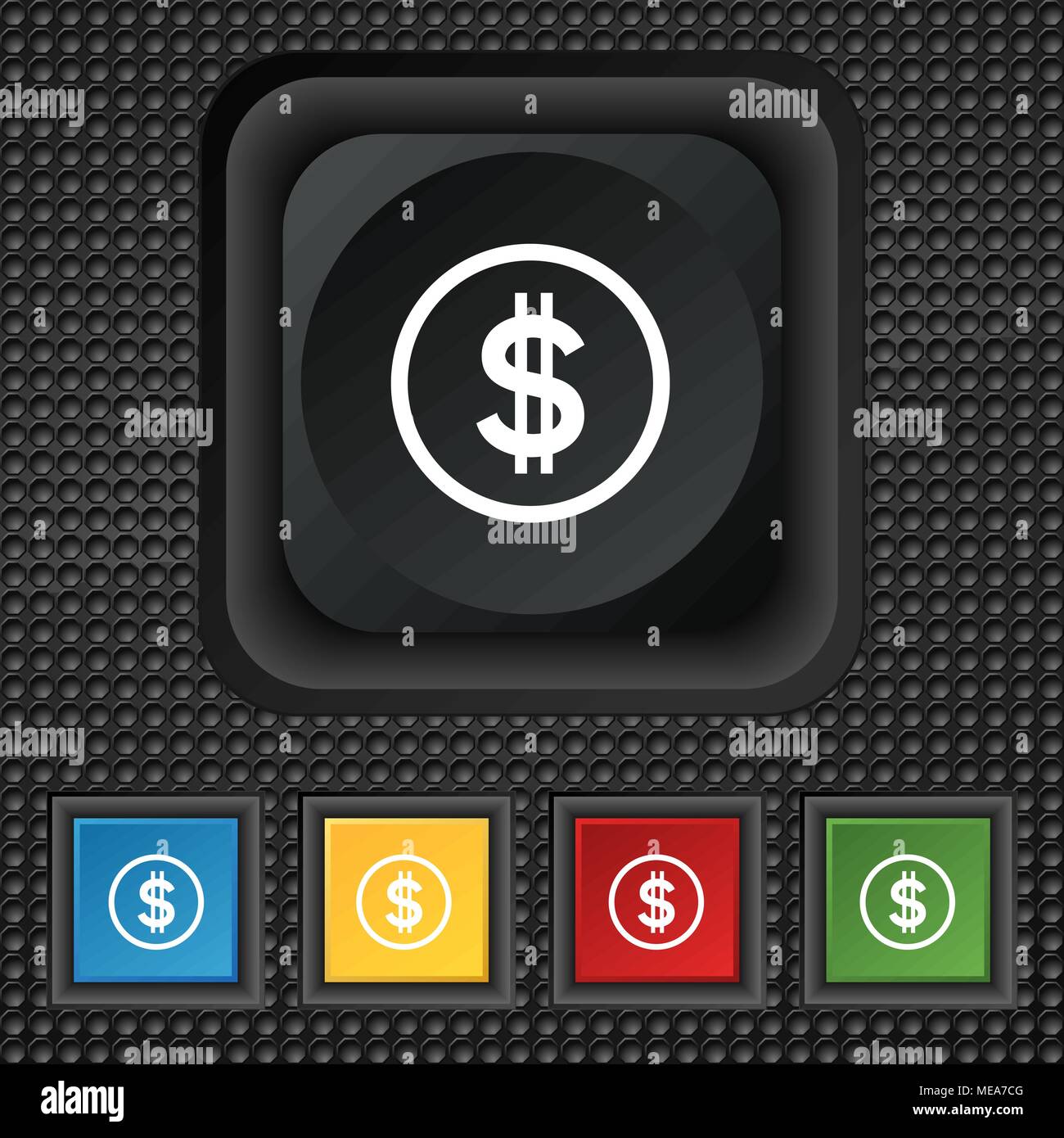 Dollar icon sign. symbol Squared colourful buttons on black texture ...