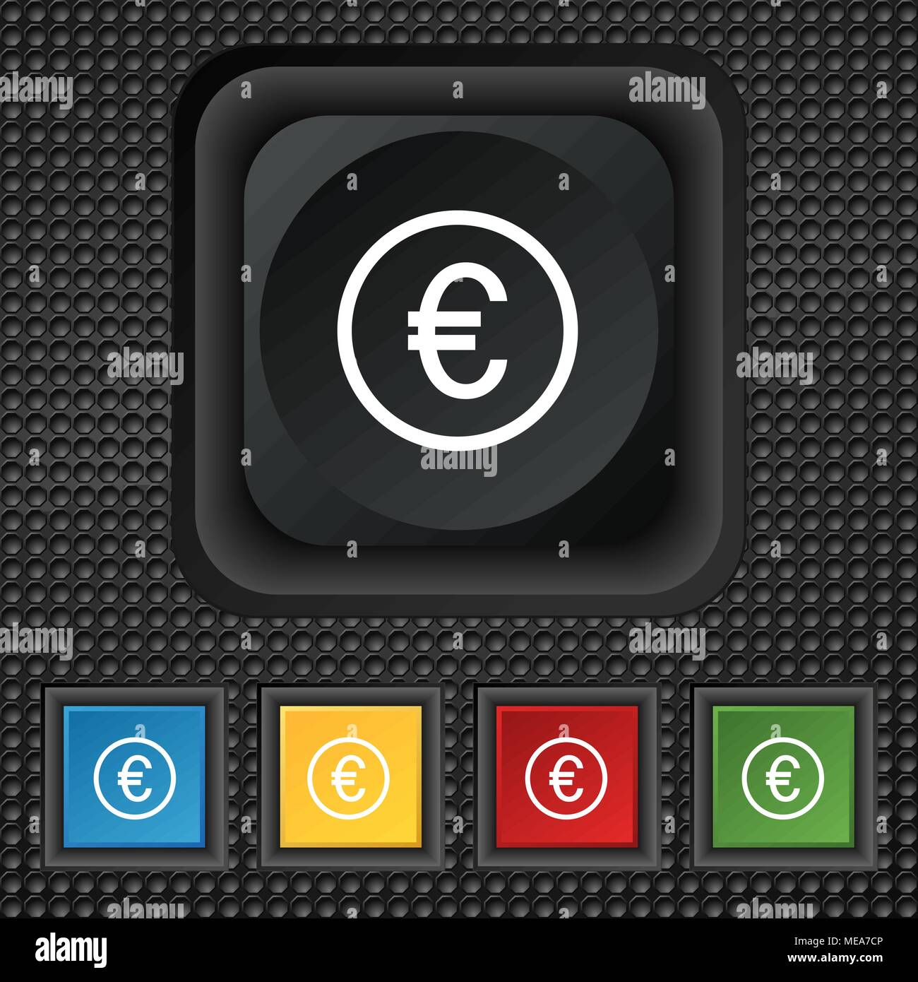 Euro icon sign. symbol Squared colourful buttons on black texture ...