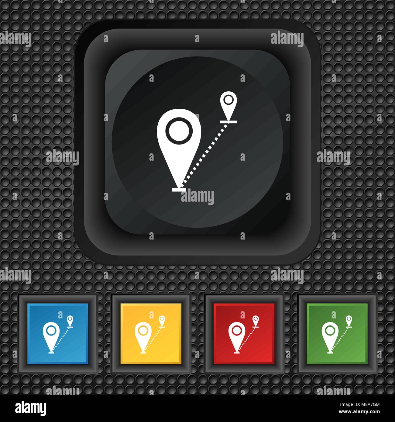 Map pointer icon sign. symbol Squared colourful buttons on black ...
