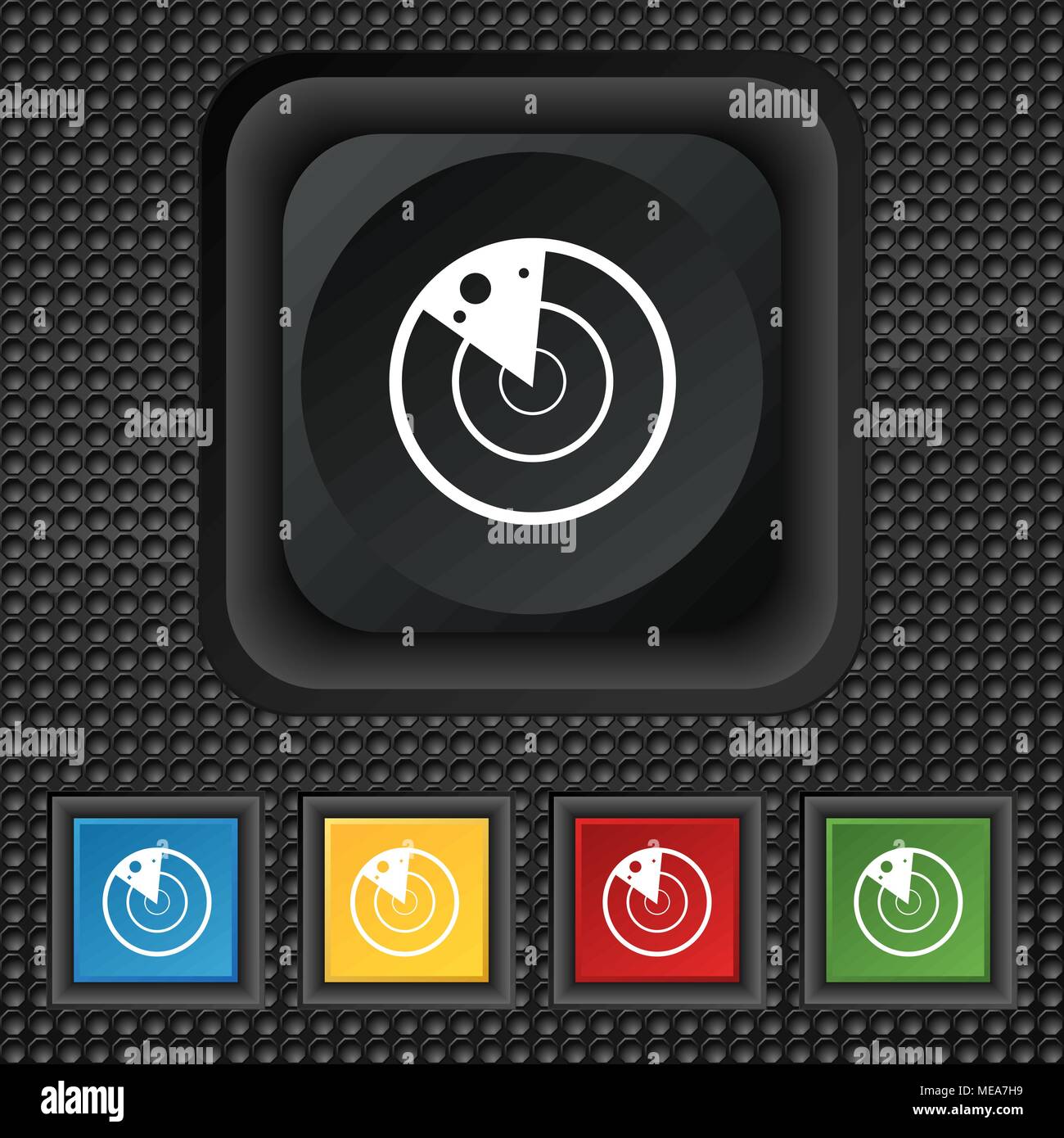 radar icon sign. symbol Squared colourful buttons on black texture ...
