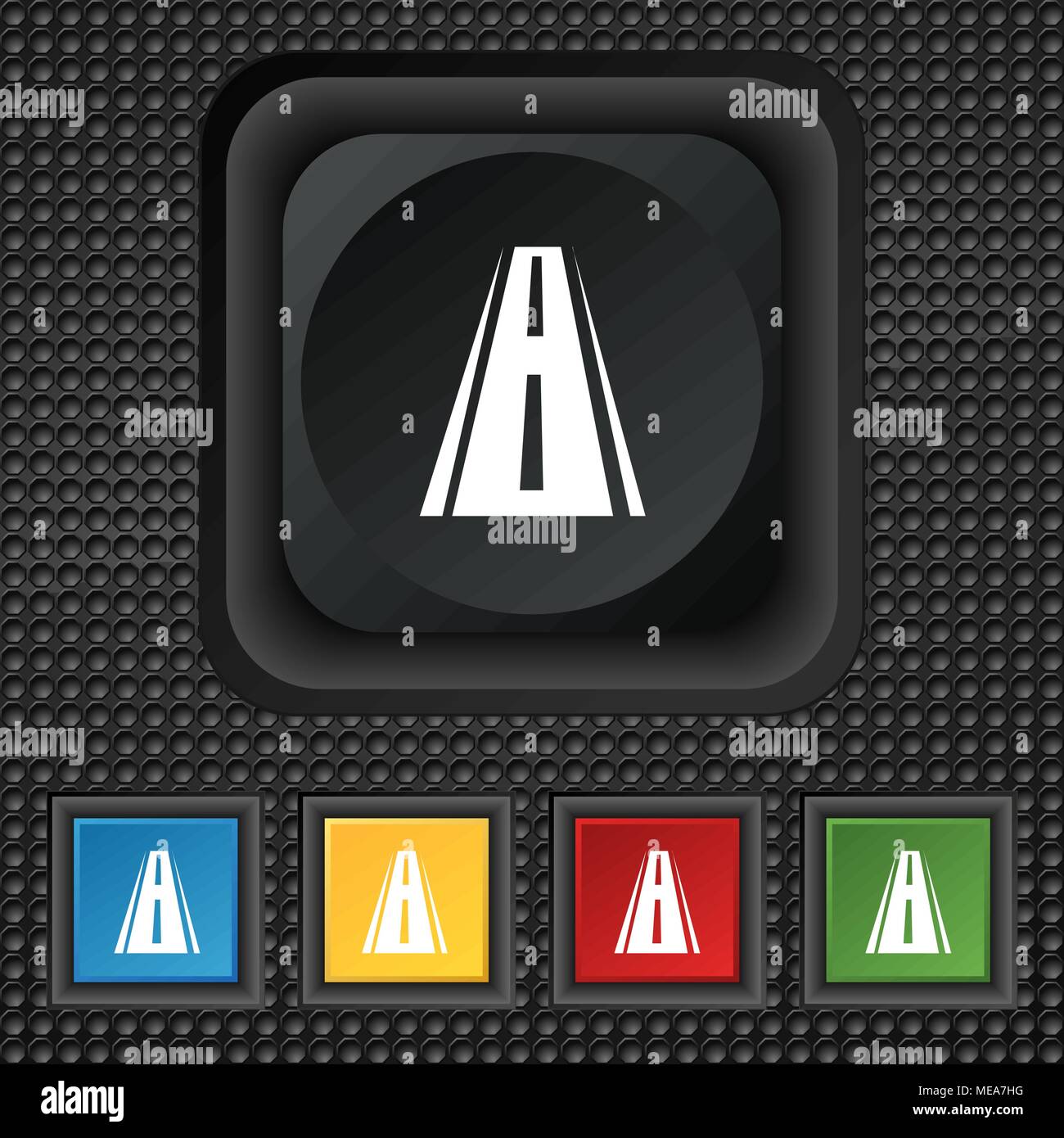 Road icon sign. symbol Squared colourful buttons on black texture ...