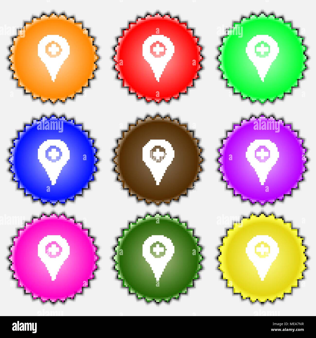 Plus Map pointer, GPS location icon sign. A set of nine different ...