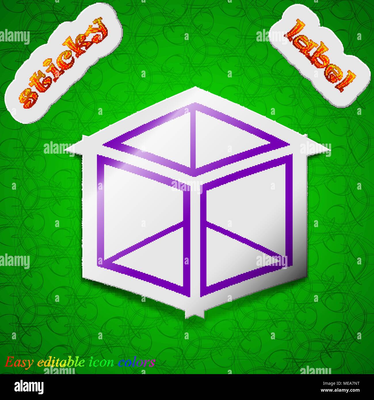 3d cube icon sign. Symbol chic colored sticky label on green background ...