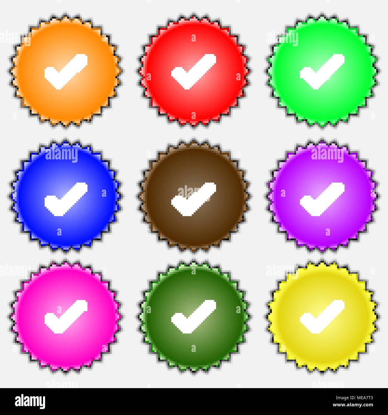 Check mark, tik icon sign. A set of nine different colored labels ...