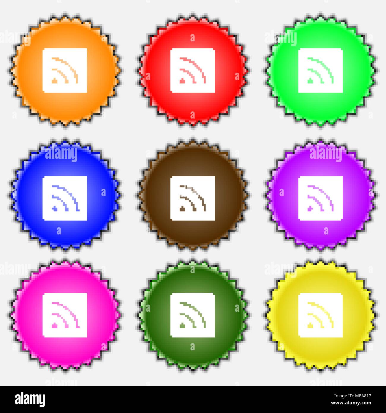 RSS feed icon sign. A set of nine different colored labels. Vector ...