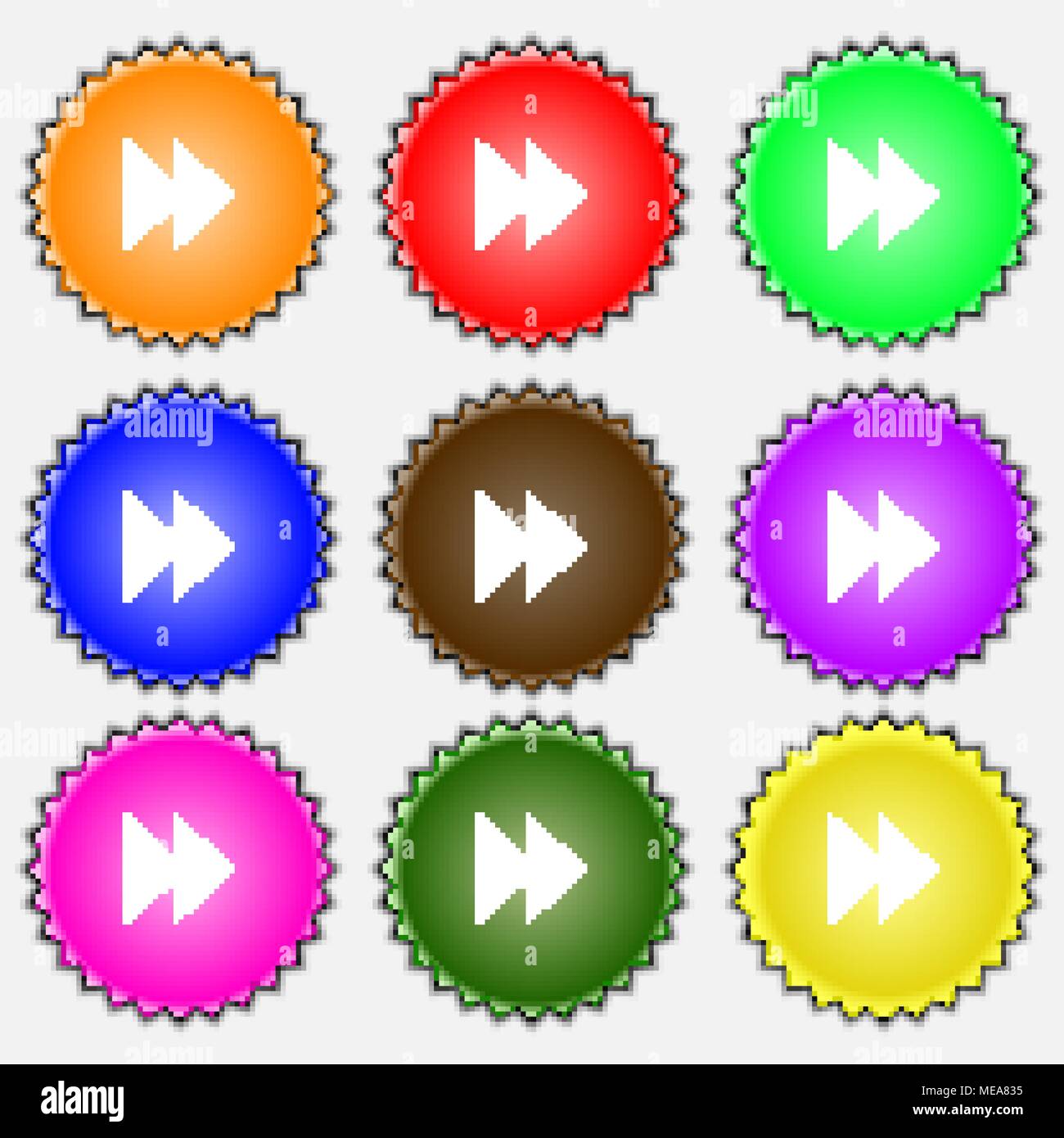 rewind icon sign. A set of nine different colored labels. Vector ...