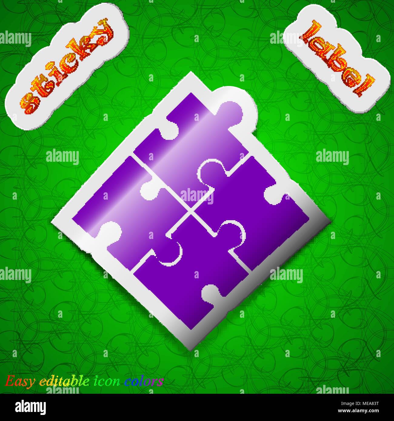 Puzzle piece icon sign. Symbol chic colored sticky label on green ...
