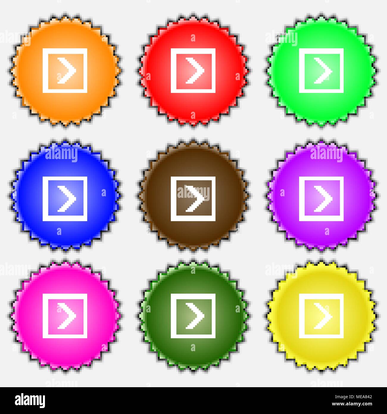 Arrow right, Next icon sign. A set of nine different colored labels ...