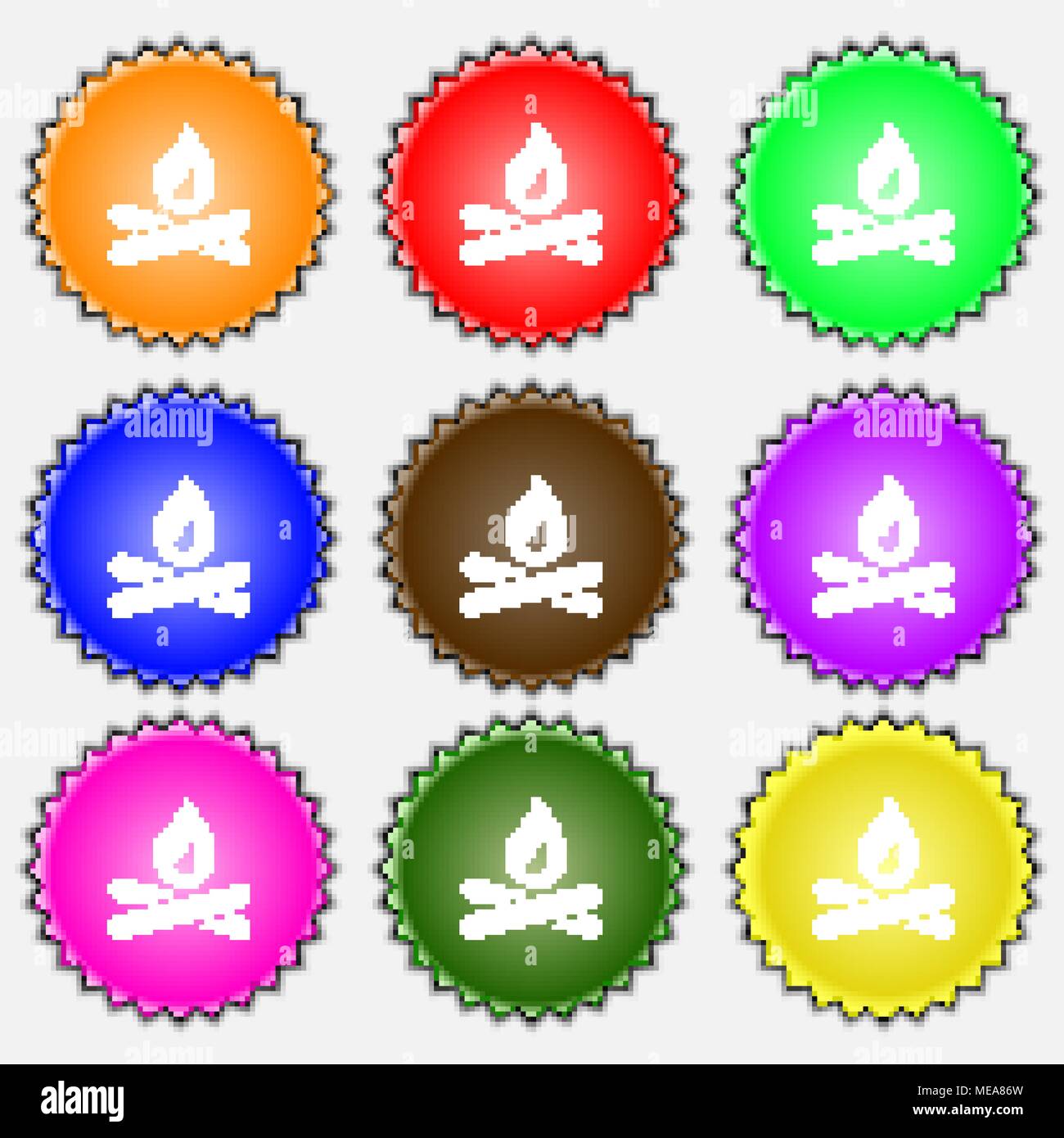 Fire flame icon sign. A set of nine different colored labels. Vector ...