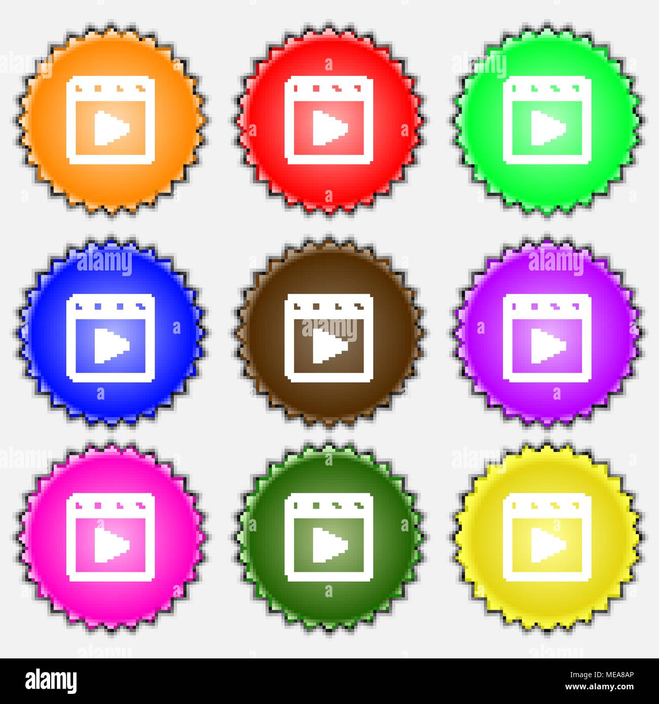 Play video icon sign. A set of nine different colored labels. Vector ...