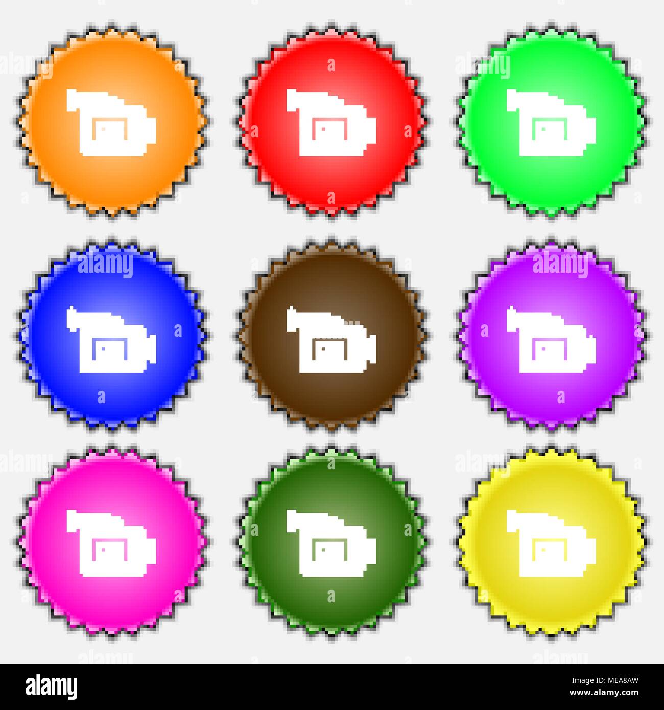 video camera icon sign. A set of nine different colored labels. Vector ...