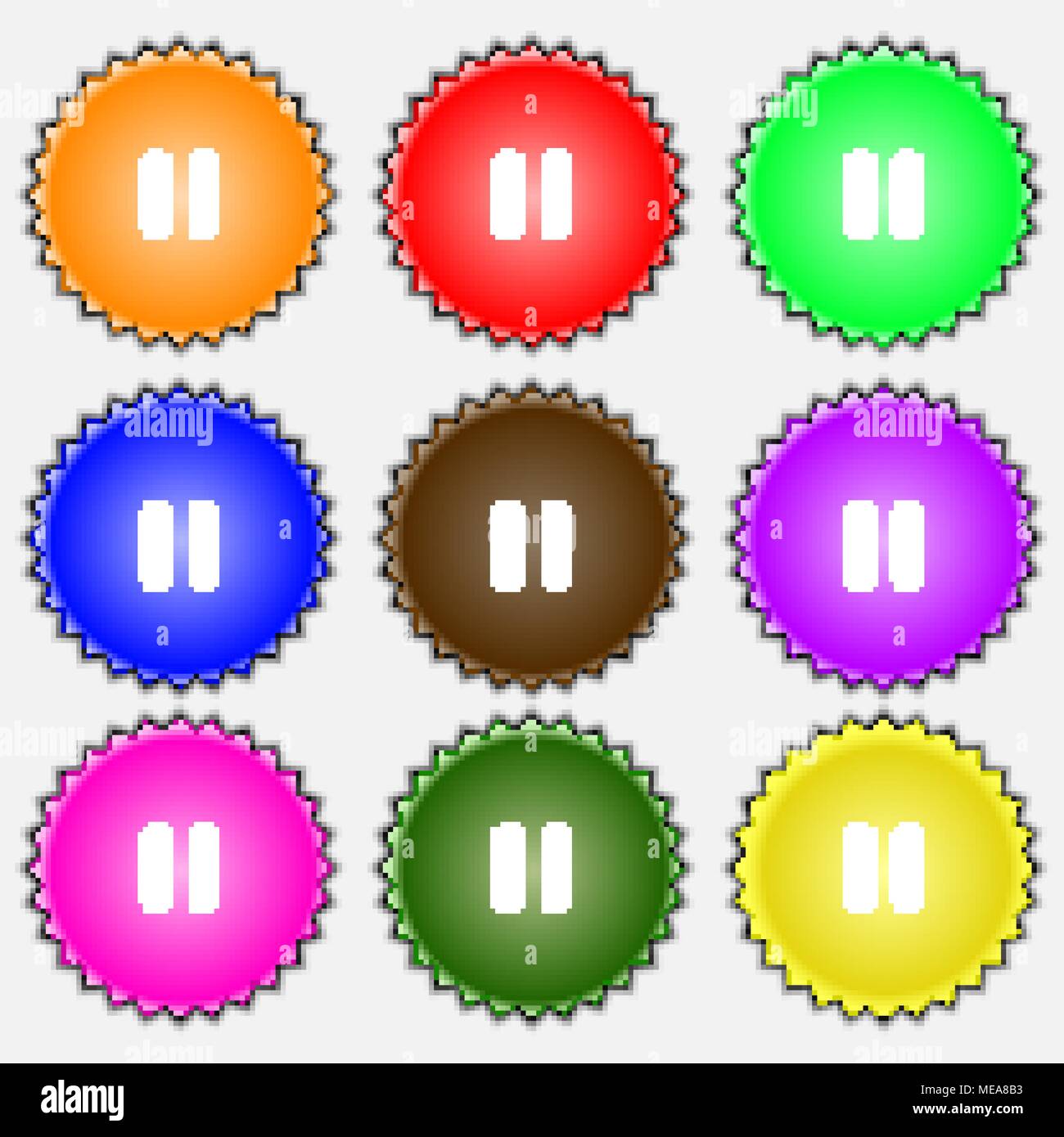 pause icon sign. A set of nine different colored labels. Vector ...