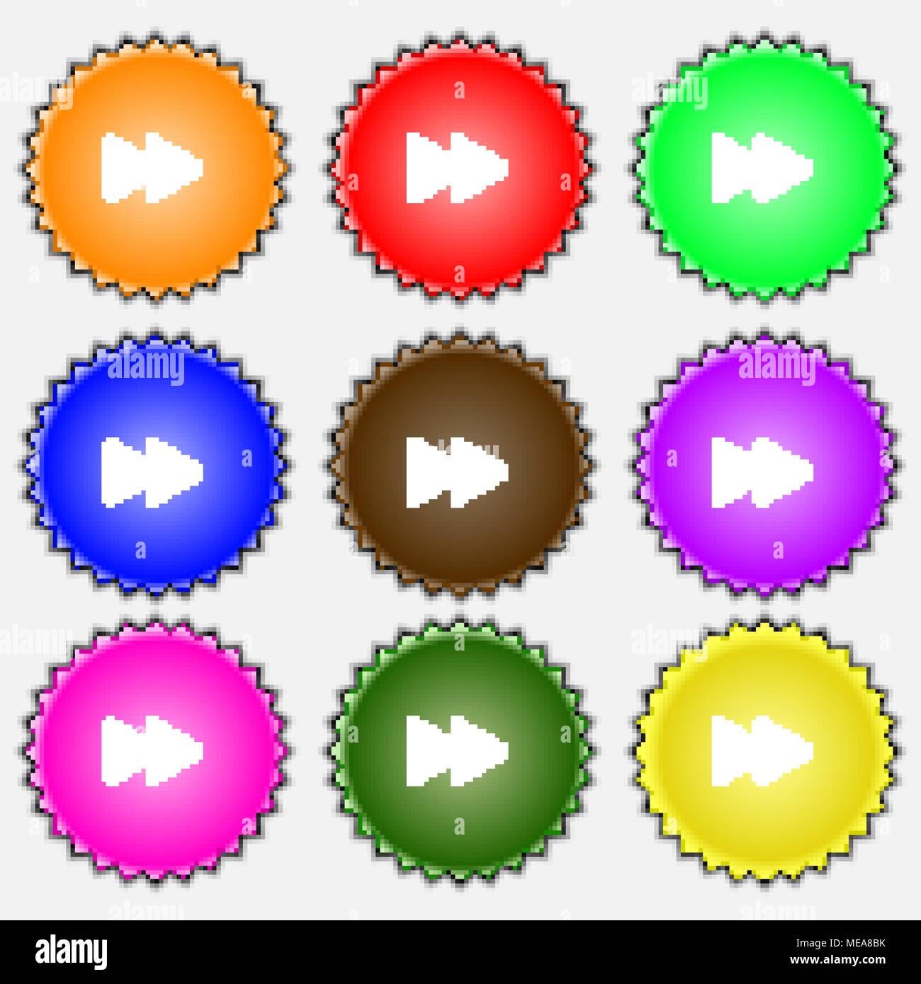 rewind icon sign. A set of nine different colored labels. Vector ...