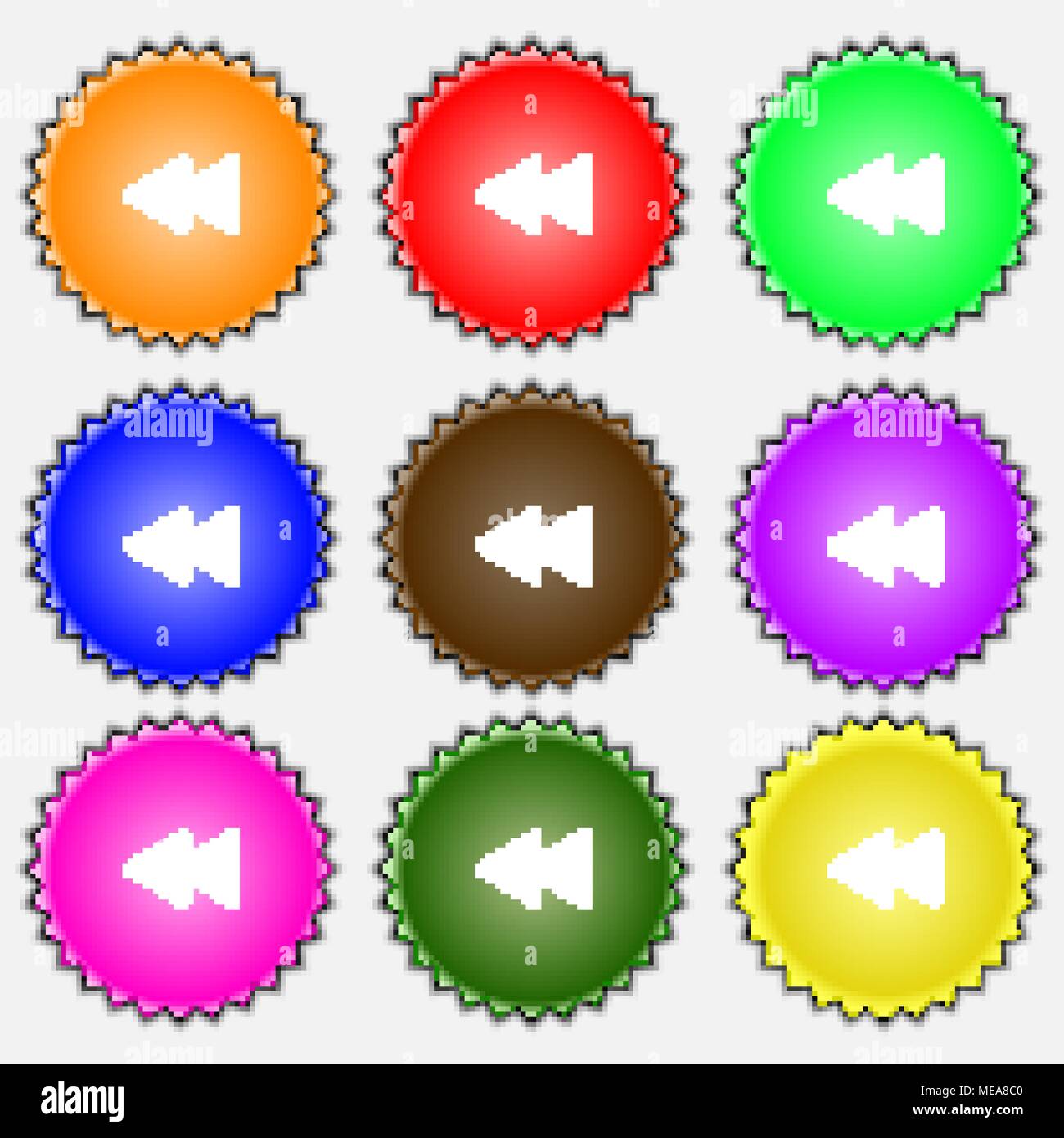 rewind icon sign. A set of nine different colored labels. Vector ...