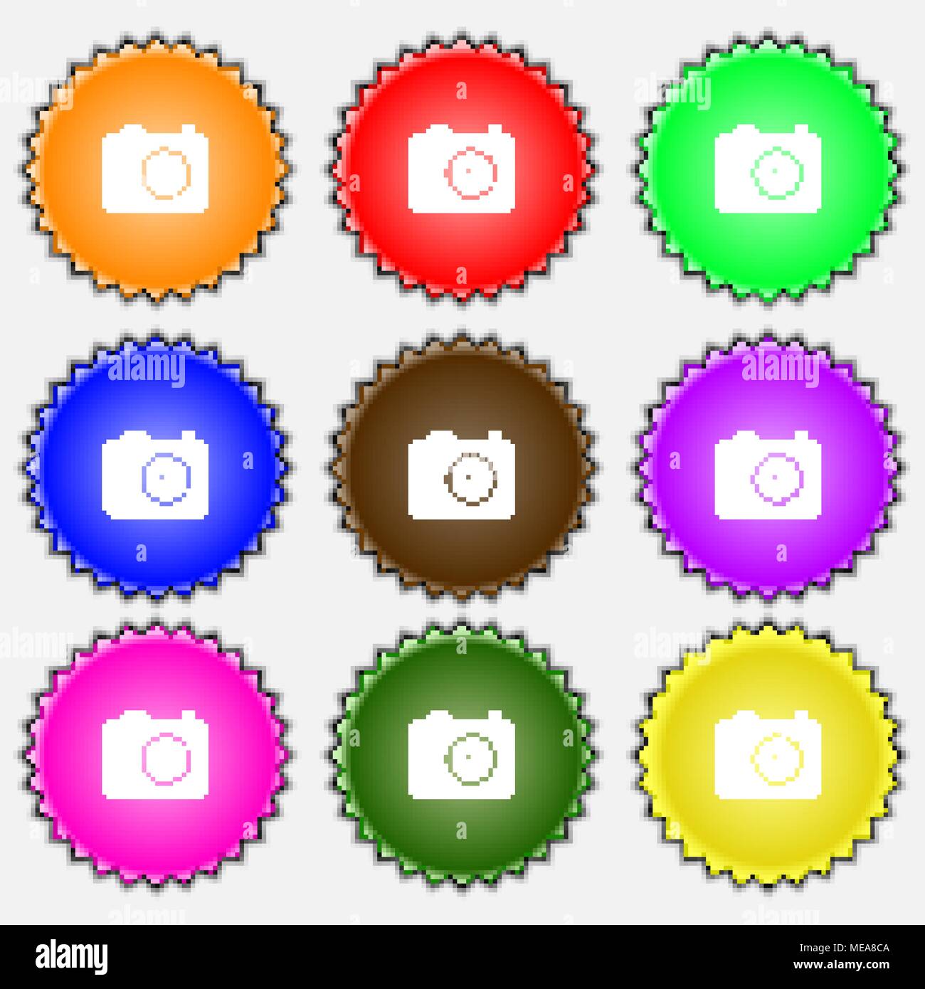 Digital photo camera icon sign. A set of nine different colored labels ...