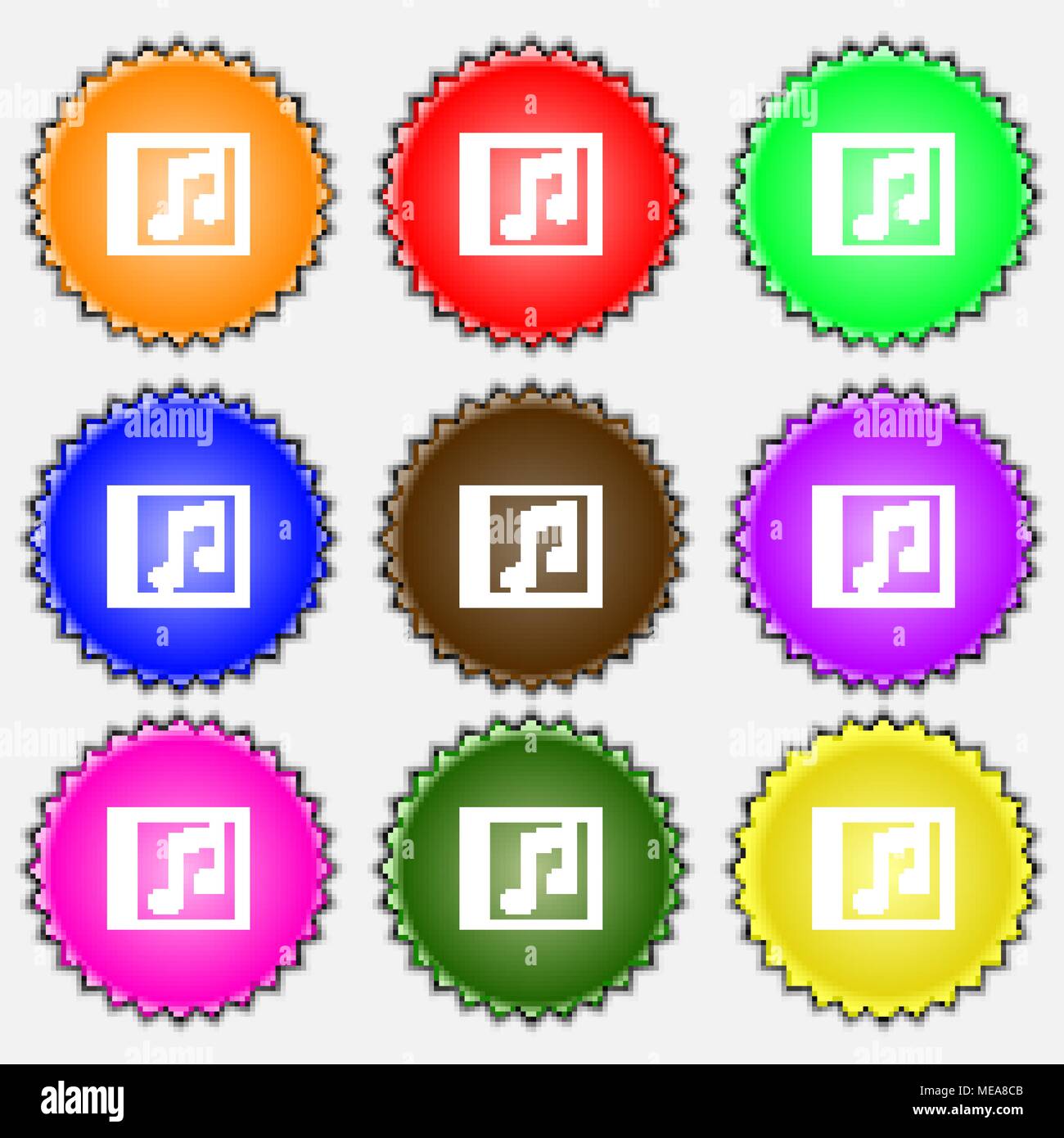 Audio, MP3 file icon sign. A set of nine different colored labels ...
