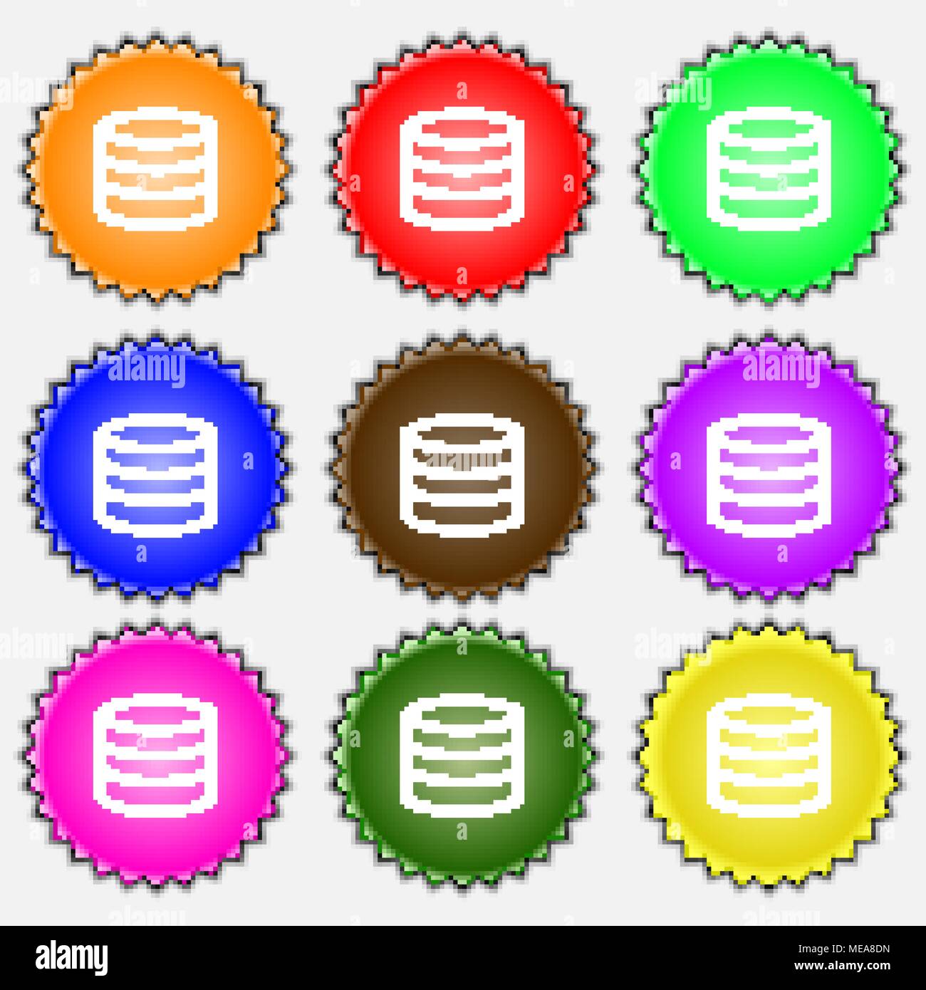 Hard disk and database icon sign. A set of nine different colored ...