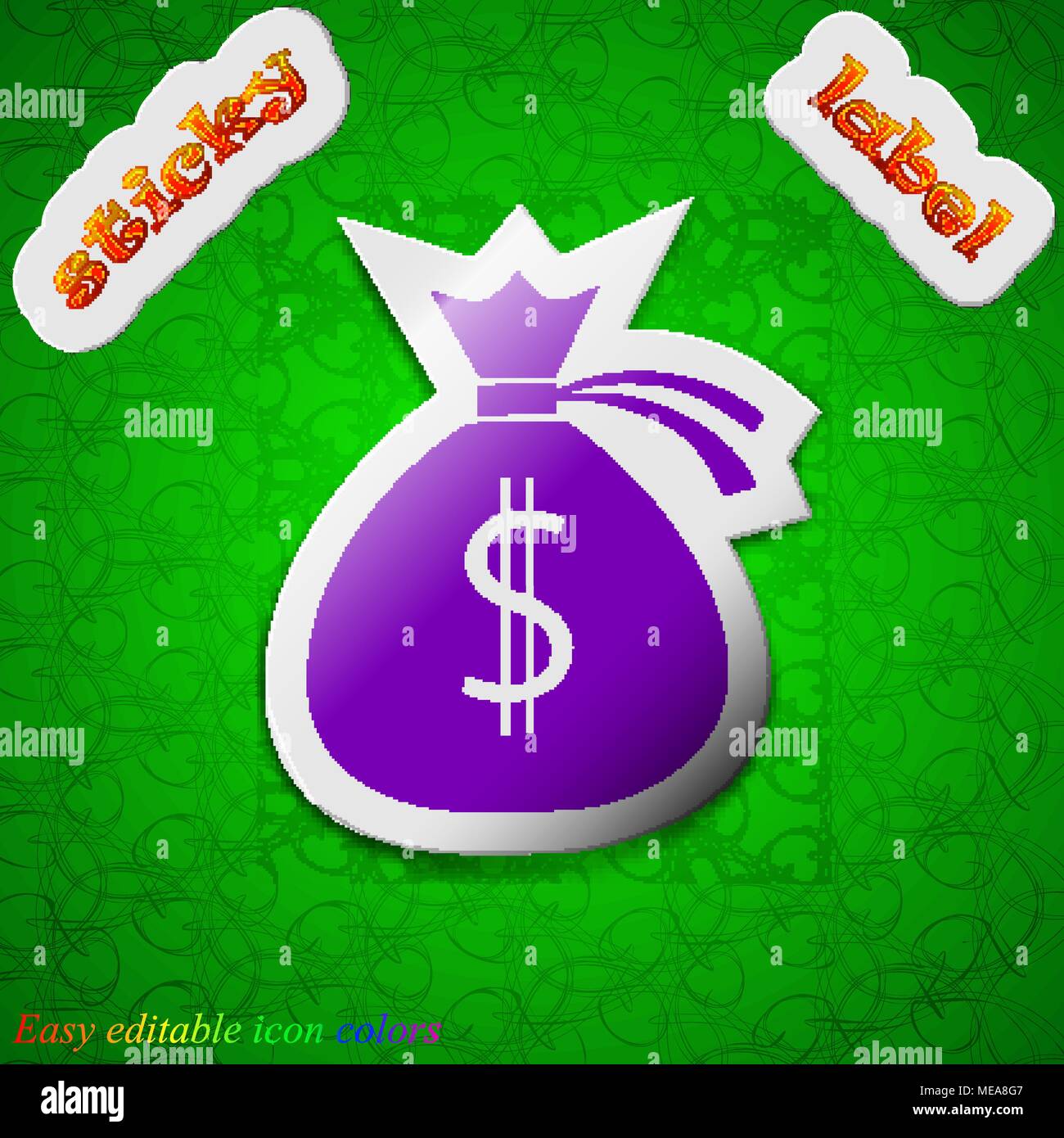 Money bag icon sign. Symbol chic colored sticky label on green ...