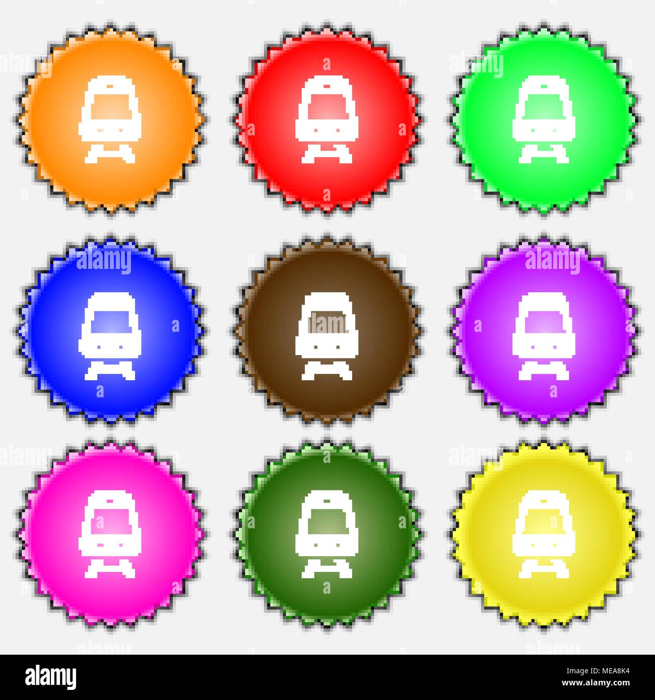 Train icon sign. A set of nine different colored labels. Vector ...