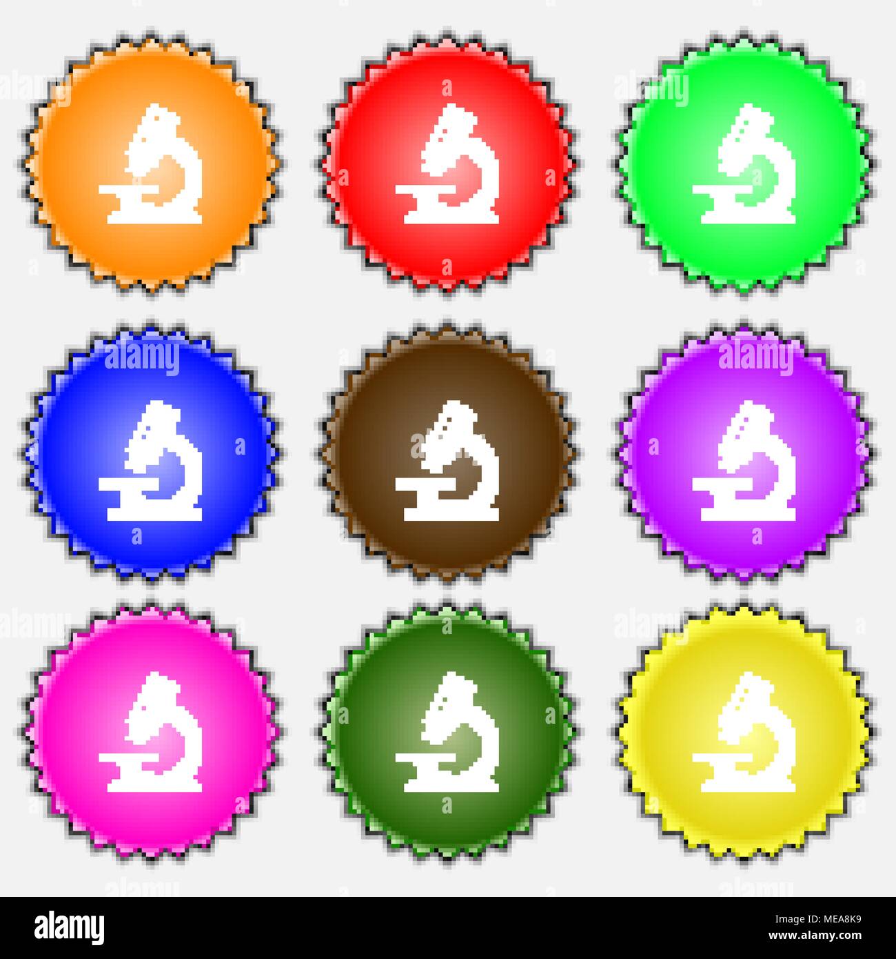 microscope icon sign. A set of nine different colored labels. Vector ...