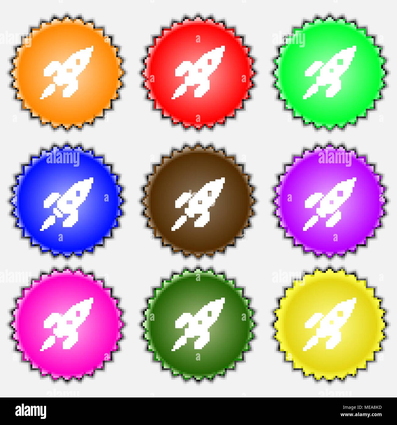 Rocket icon sign. A set of nine different colored labels. Vector ...